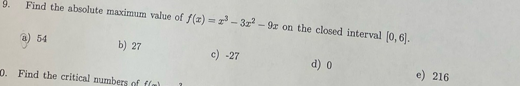 Solved Find the absolute maximum value of f(x)=x3-3x2-9x ﻿on | Chegg.com