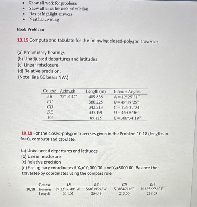 Solved - Show all work for problems - Show all units for | Chegg.com