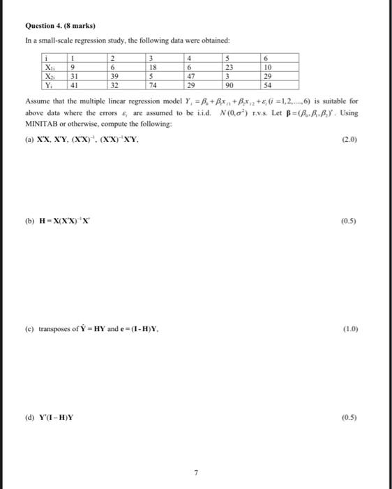 Solved Question 4. (8 marks) In a small-scale regression | Chegg.com