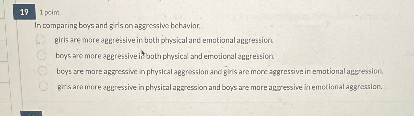 Solved 191 ﻿pointIn comparing boys and girls on aggressive | Chegg.com
