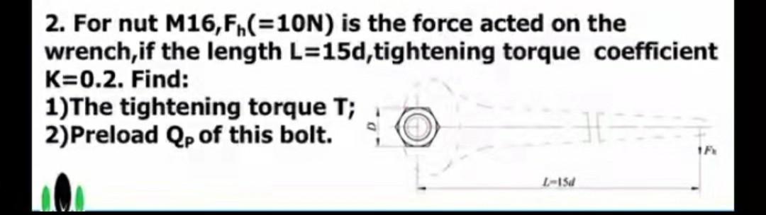 Solved 2. For nut M16,F.(=10N) is the force acted on the | Chegg.com