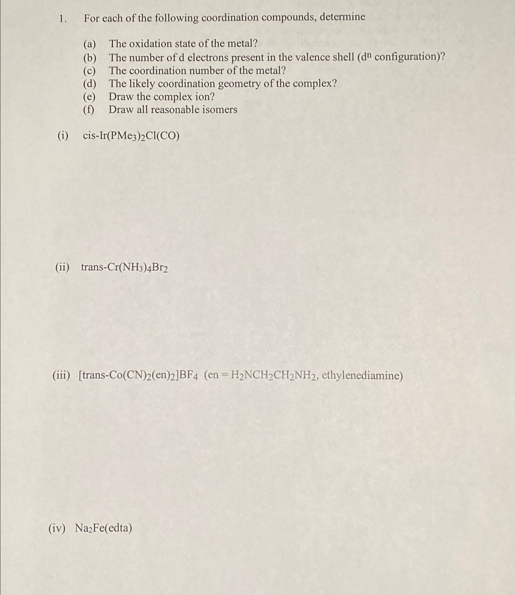 For each of the following coordination compounds, | Chegg.com