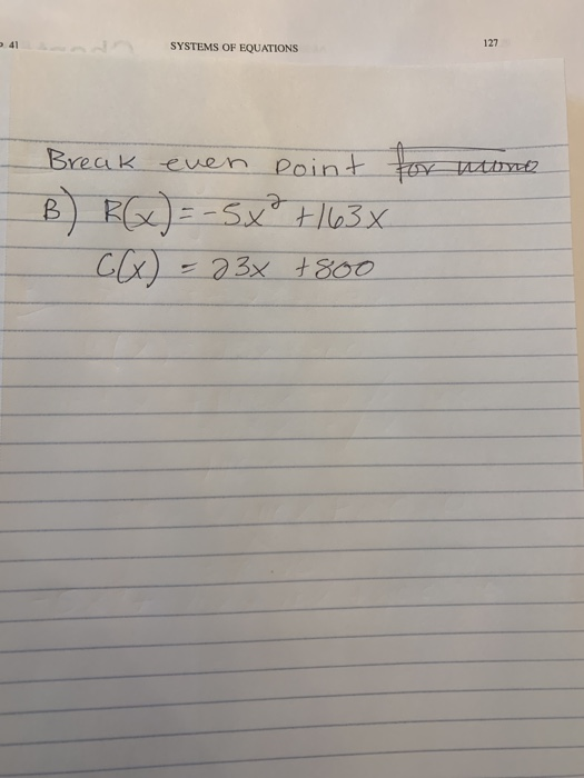 Solved 41 127 SYSTEMS OF EQUATIONS toy2 Break even point for | Chegg.com