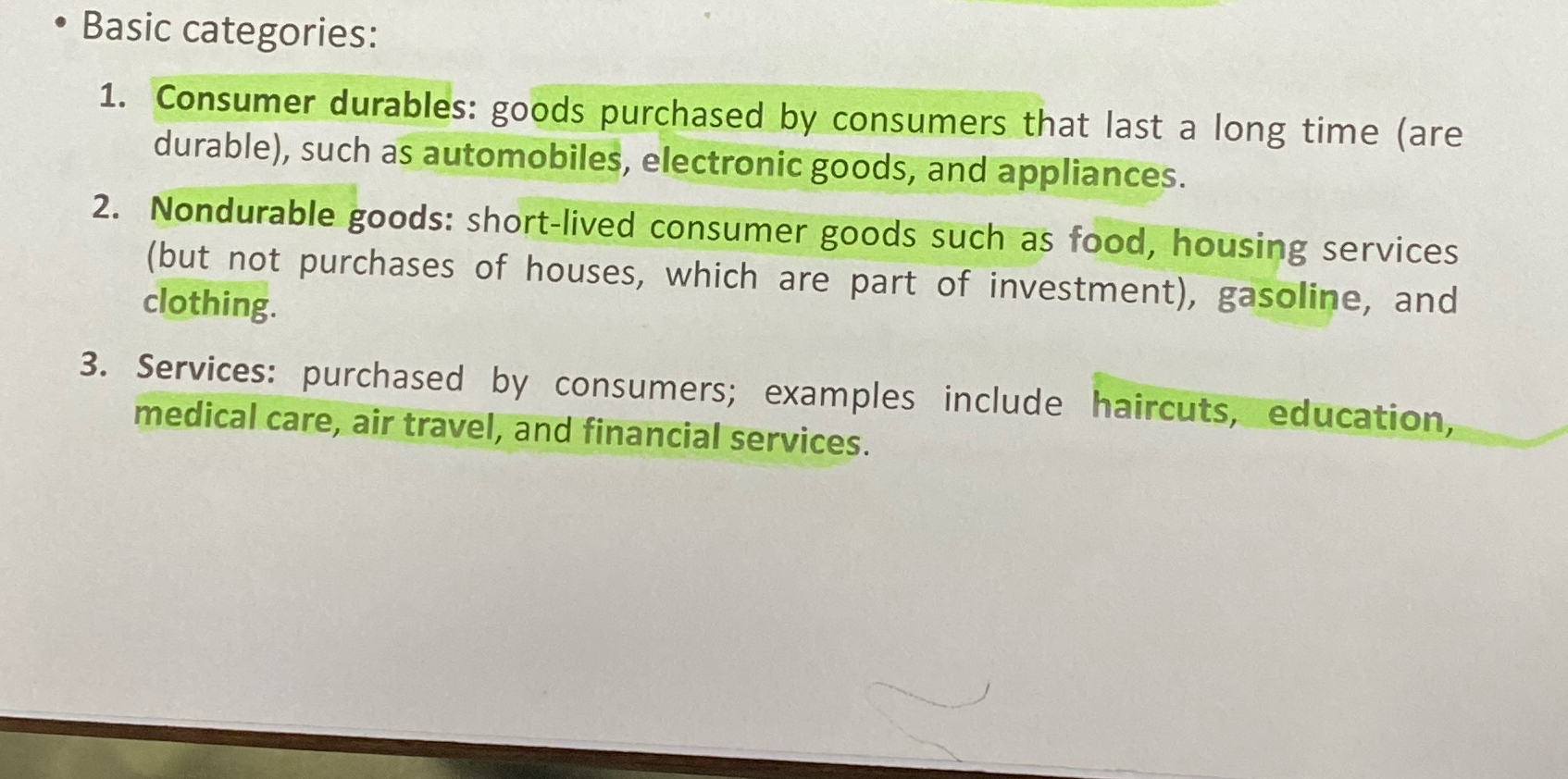 Solved Basic categories:Consumer durables: goods purchased | Chegg.com