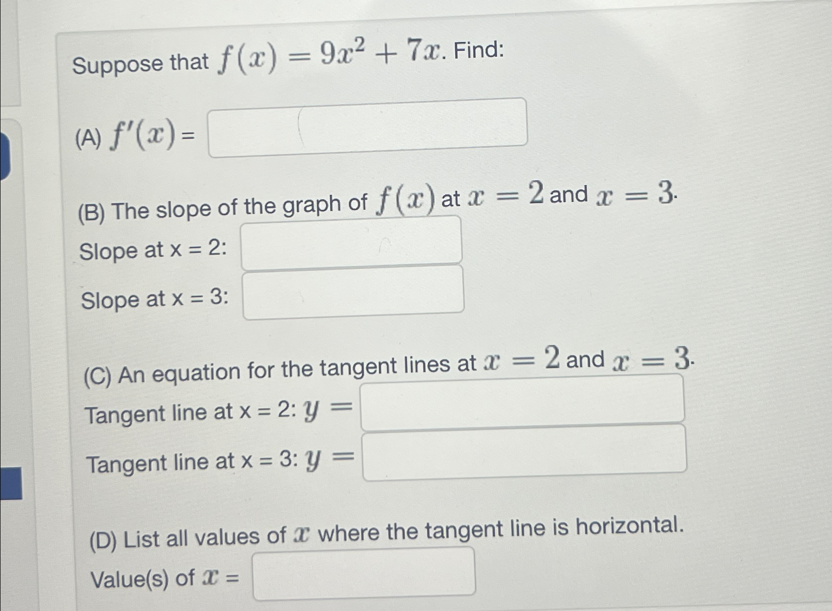 Solved Suppose that f(x)=9x^(2)+7x. Find:\\n(A) | Chegg.com