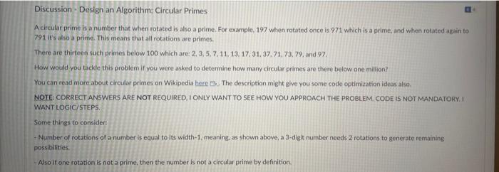 Solved Discussion - Design an Algorithm: Circular Primes A | Chegg.com