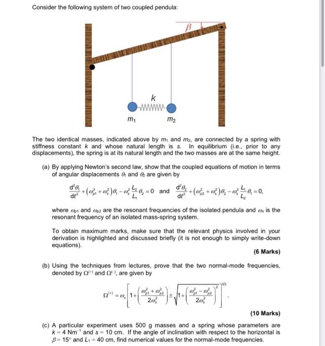 Solved Consider the following system of two coupled pendula: | Chegg.com
