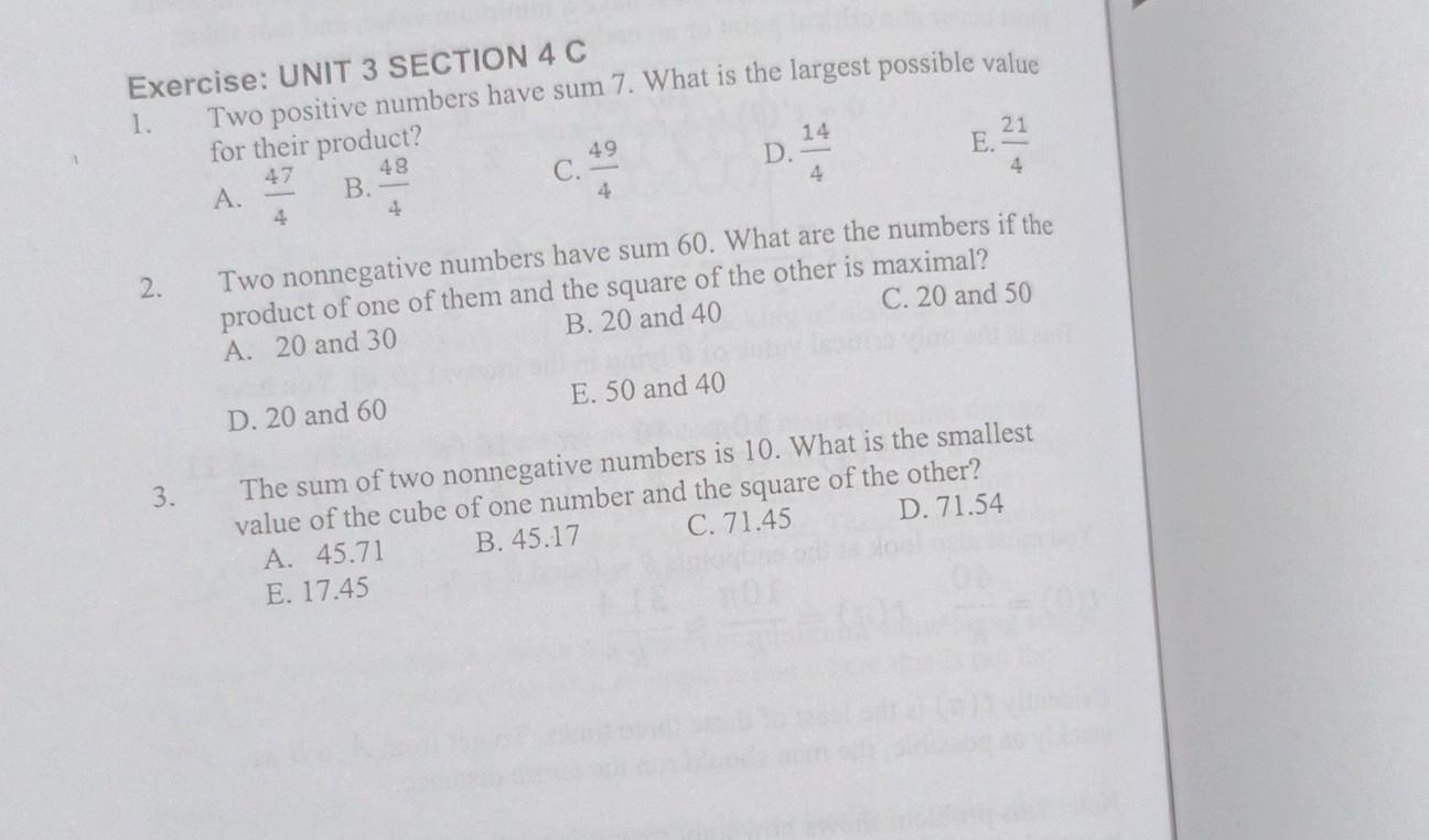 Solved Exercise: UNIT 3 SECTION 4 C 1. Two positive numbers | Chegg.com