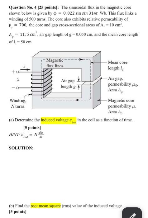 Solved Question No. 4 [25 points]: The sinusoidal flux in | Chegg.com