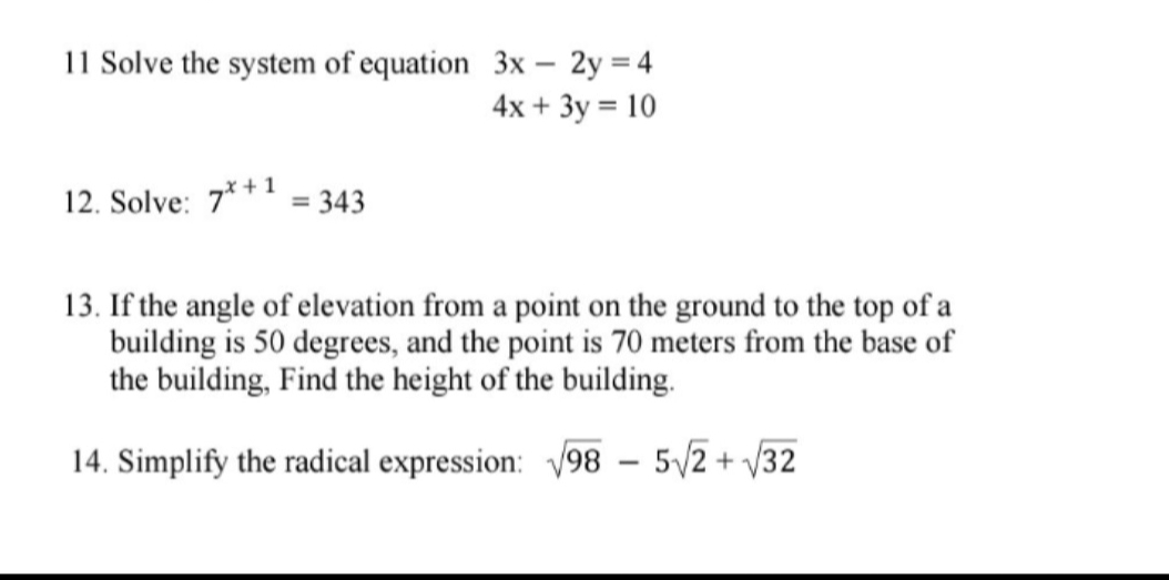 Solved 11 ﻿Solve the system of equation3x-2y=44x+3y=10Solve: | Chegg.com