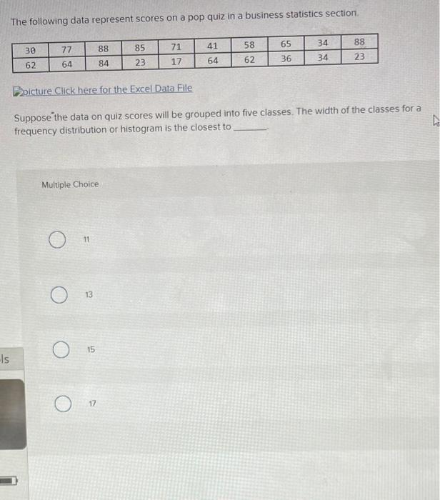 Solved The following data represent scores on a pop quiz in | Chegg.com