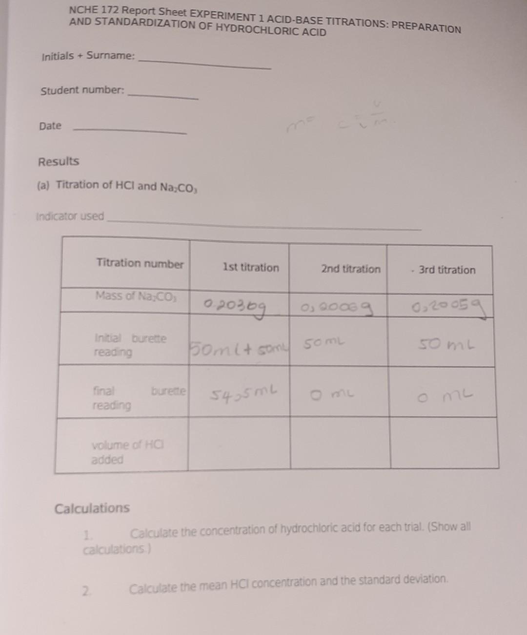 Solved NCHE 172 Report Sheet EXPERIMENT I ACID-BASE | Chegg.com