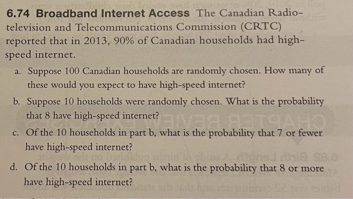 Solved 6.74 Broadband Internet Access The Canadian | Chegg.com