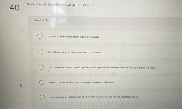 Solved 40"Culture" is defined in Effective Group Discussion | Chegg.com