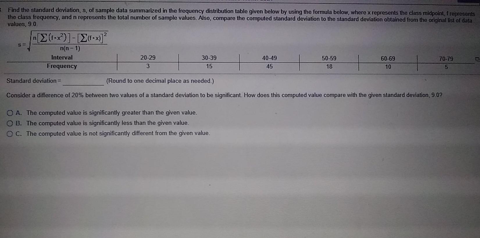 Solved Find the standard deviation, s, of sample data | Chegg.com
