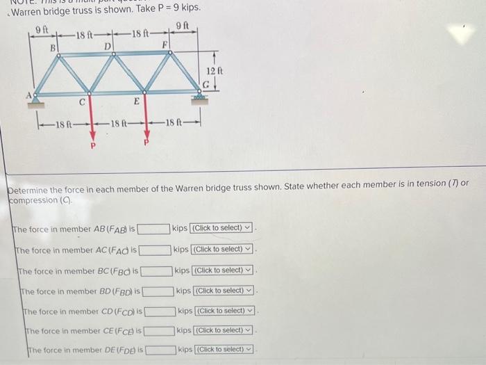 Solved Warren bridge truss is shown. Take P=9 kips. | Chegg.com