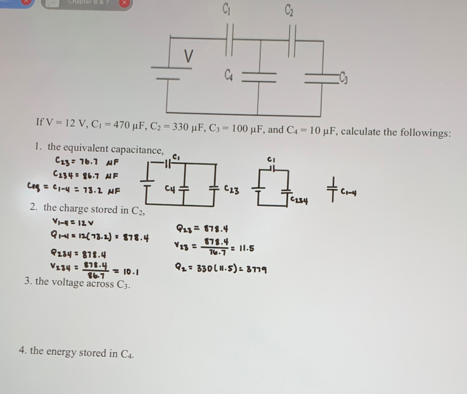 Solved If V=12V,C1=470μF,C2=330μF,C3=100μF, ﻿and C4=10μF, | Chegg.com