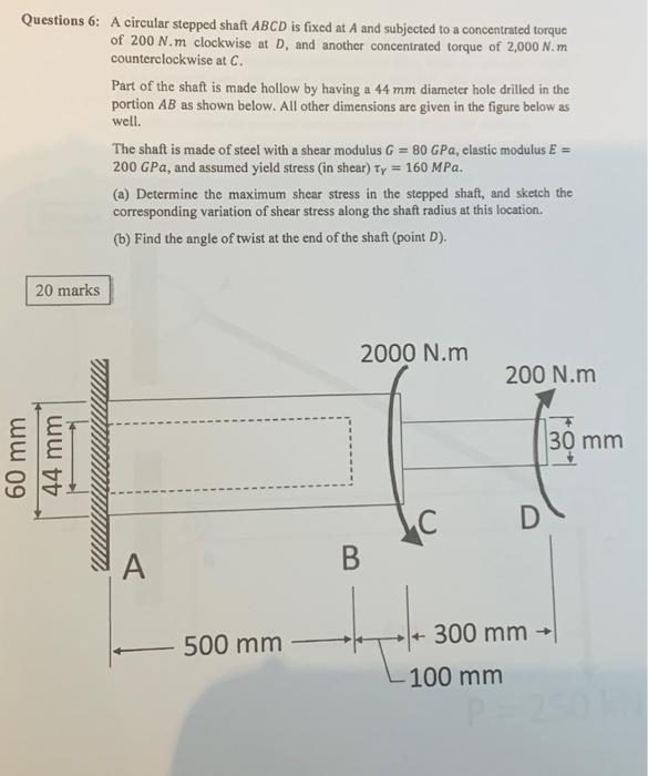 Solved Questions 6: A circular stepped shaft ABCD is fixed | Chegg.com