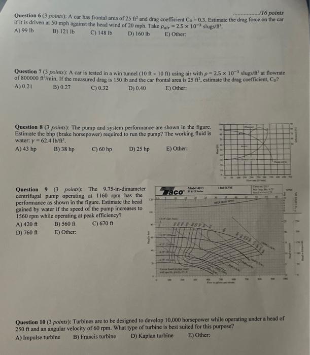 Solved Question 6 ( 3 points): A car has frontal area of | Chegg.com