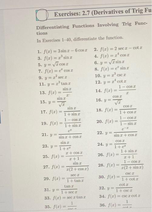 Solved Exercises: 2.7 (Derivatives of Trig Fu 16. y = | Chegg.com