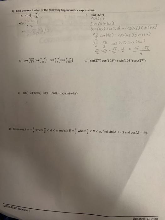 Solved a cos 3) Find the exact value of the following | Chegg.com