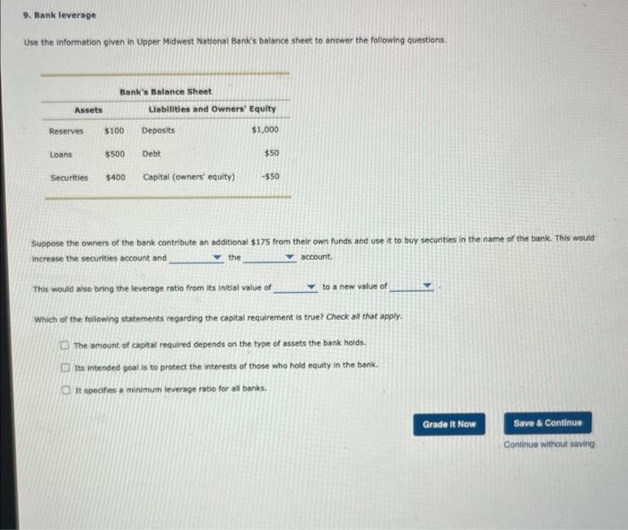Solved 9. Bank leverage Use the information given in Upper | Chegg.com
