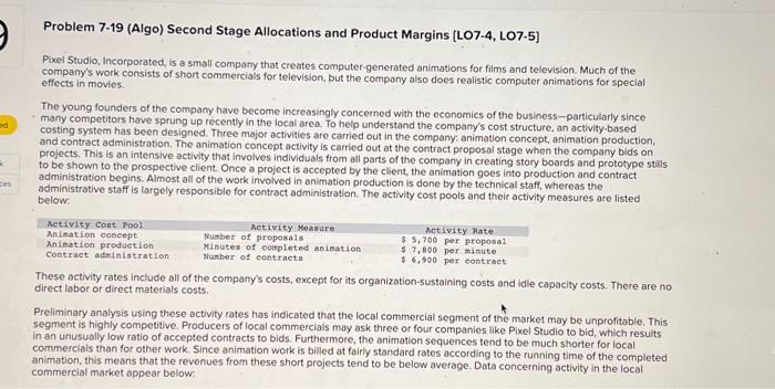 Solved Problem 7-19 (Algo) Second Stage Allocations and | Chegg.com