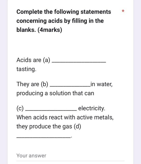 Solved Complete the following statements concerning acids by | Chegg.com