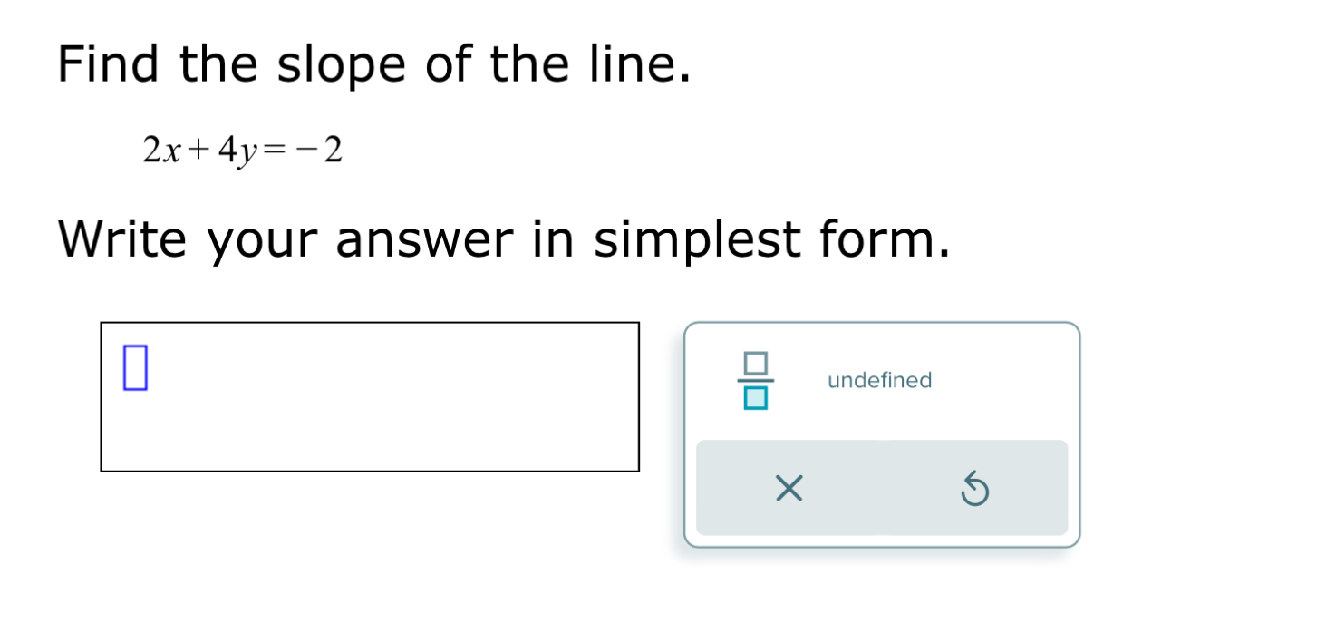 Solved Find the slope of the line.2x+4y=-2Write your answer | Chegg.com