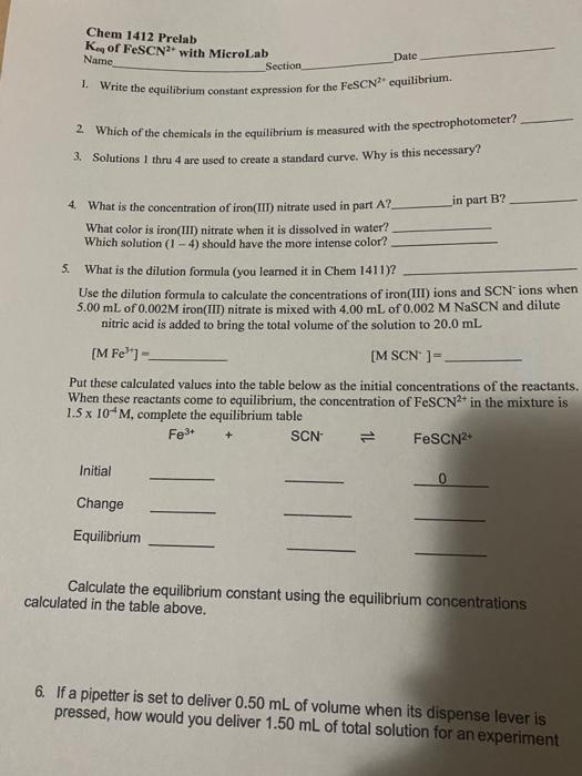 Chem 1412 Prelab Kea of FeSCN2 with MicroLab Name | Chegg.com