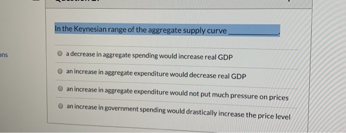 Solved In the Keynesian range of the aggregate supply curve | Chegg.com