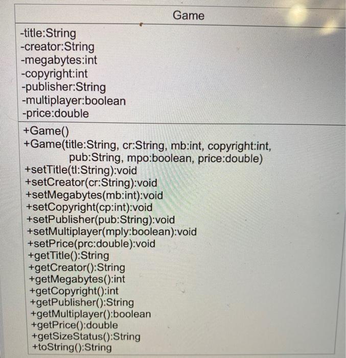 Solved Game -title:String -creator:String -megabytes:int | Chegg.com