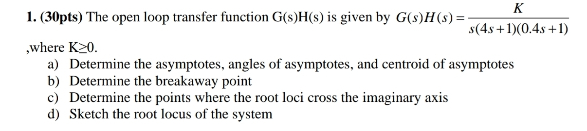 Solved (30pts) ﻿The open loop transfer function G(s)H(s) ﻿is | Chegg.com