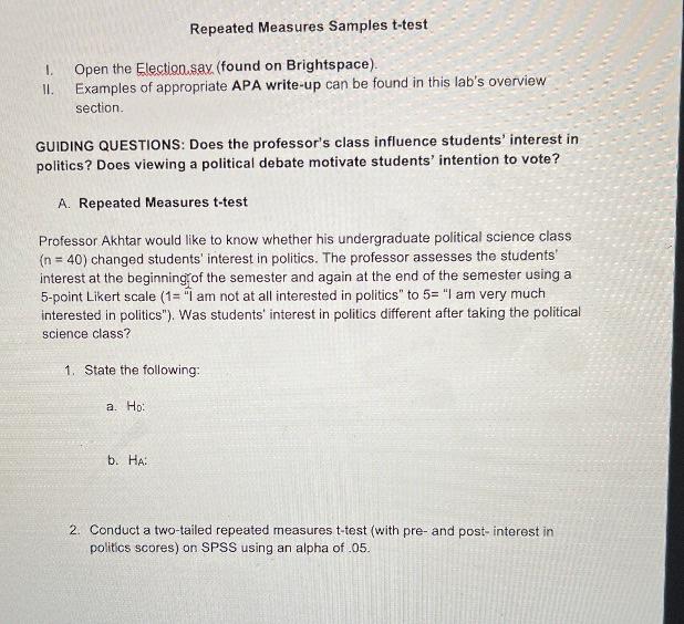 Repeated Measures Samples t-test 1 Il Open the | Chegg.com