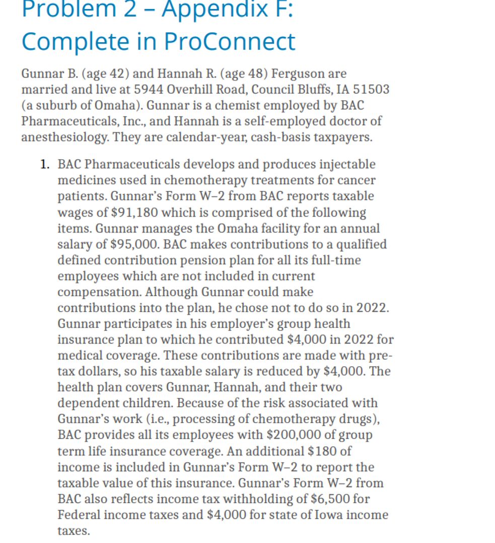 Solved Problem 2 - ﻿Appendix F:Complete in ProConnectGunnar | Chegg.com
