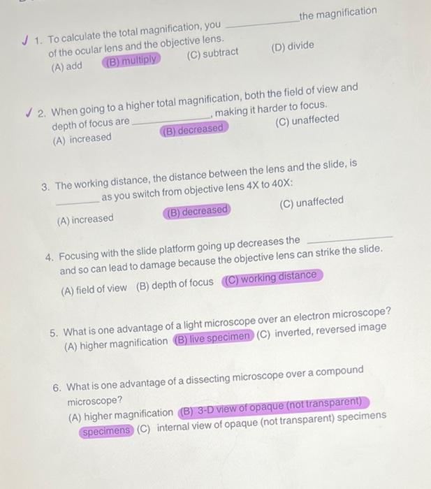 Solved 1. To calculate the total magnification, you the | Chegg.com