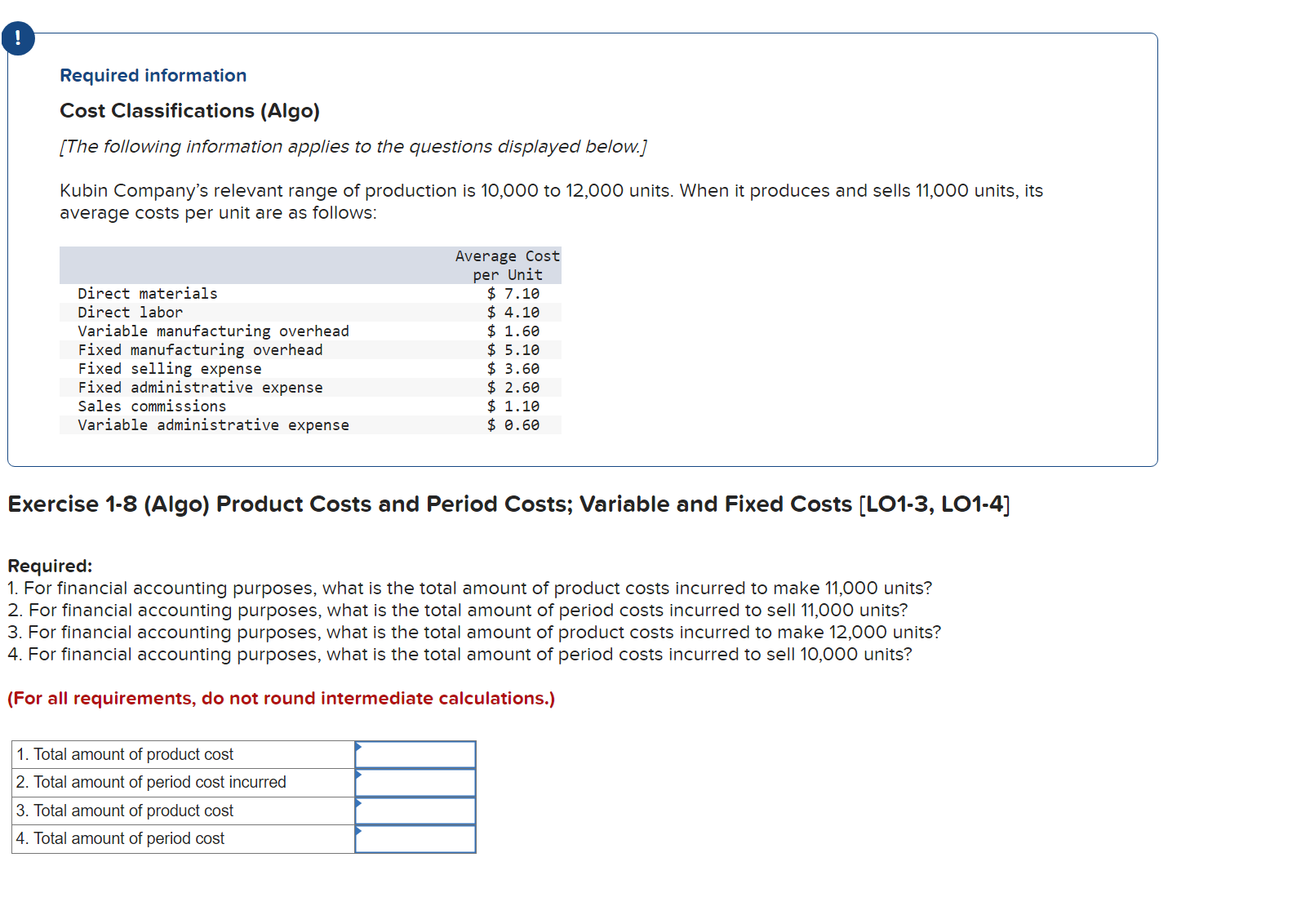 Solved Exercise 1-8 (Algo) ﻿Product Costs and Period Costs; | Chegg.com
