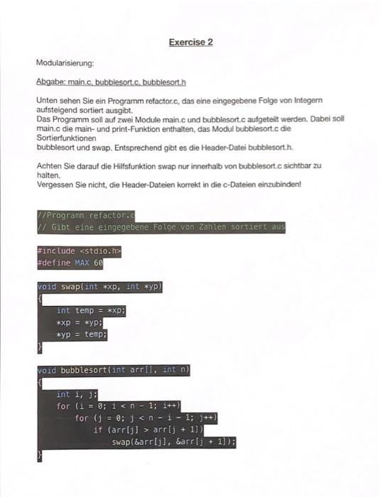 Solved Exercise 2 Modularisierung: Abgabe: main.c, | Chegg.com