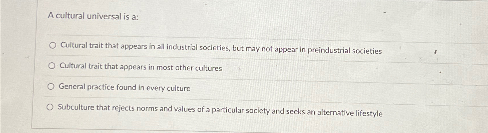 Solved A cultural universal is a:Cultural trait that appears | Chegg.com