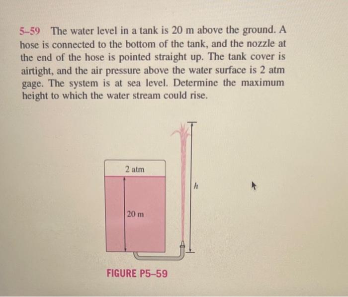 Solved 5-59 The water level in a tank is 20 m above the | Chegg.com