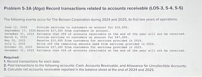 Solved Problem 5-3A (Algo) Record transactions related to | Chegg.com