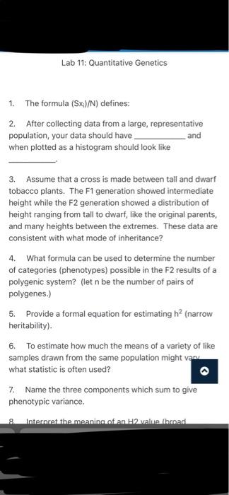 Lab 11: Quantitative Genetics 1. The formula (Sx)/N) | Chegg.com