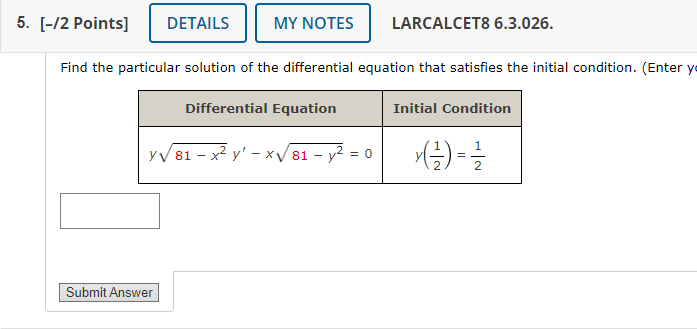 Solved [-/2 ﻿Points]Find the particular solution of the | Chegg.com