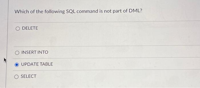 Solved Which of the following SQL command is not part of | Chegg.com