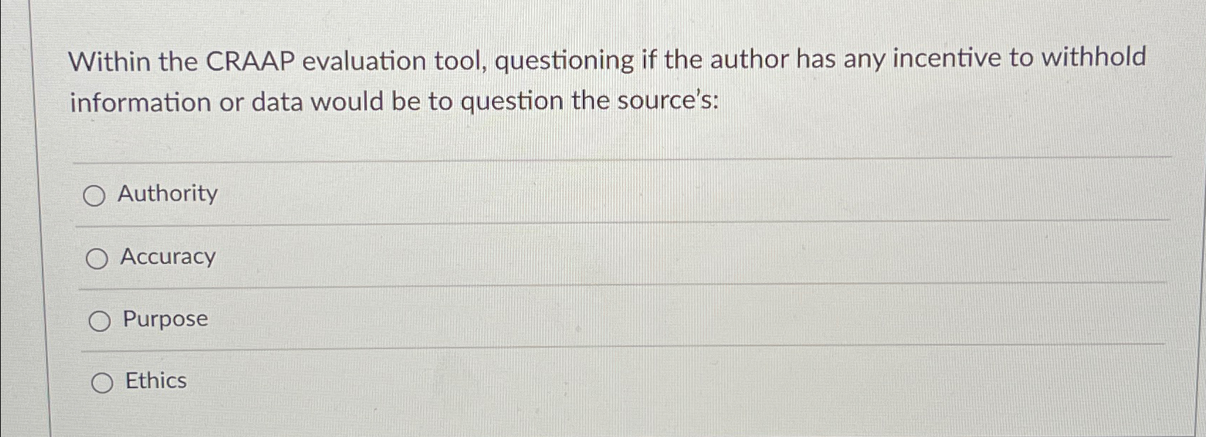 Solved Within the CRAAP evaluation tool, questioning if the | Chegg.com