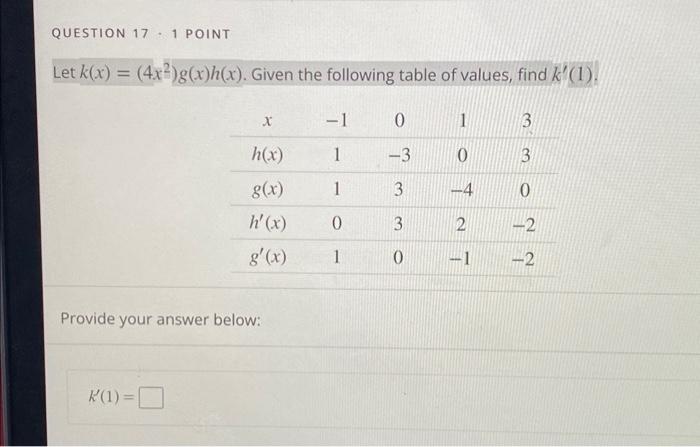 Solved Let k(x)=(4x2)g(x)h(x). Given the following table of | Chegg.com
