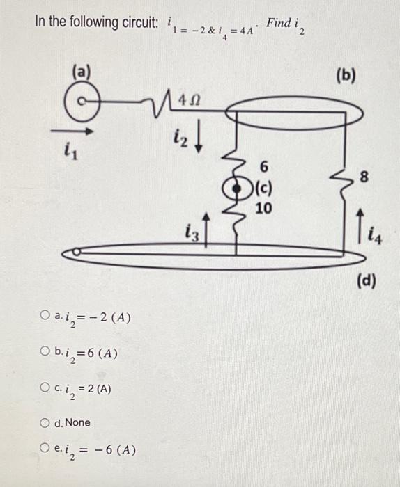 Solved In the following circuit: i i1=−2&i4=4A⋅ Find i2 a. | Chegg.com