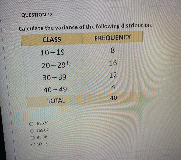 Solved QUESTION 12 Calculate the variance of the following | Chegg.com
