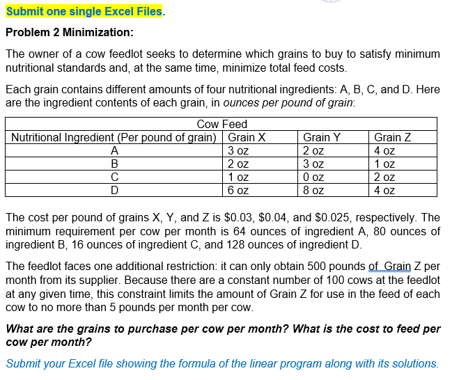 Solved Submit one single Excel Files.Problem 2 | Chegg.com