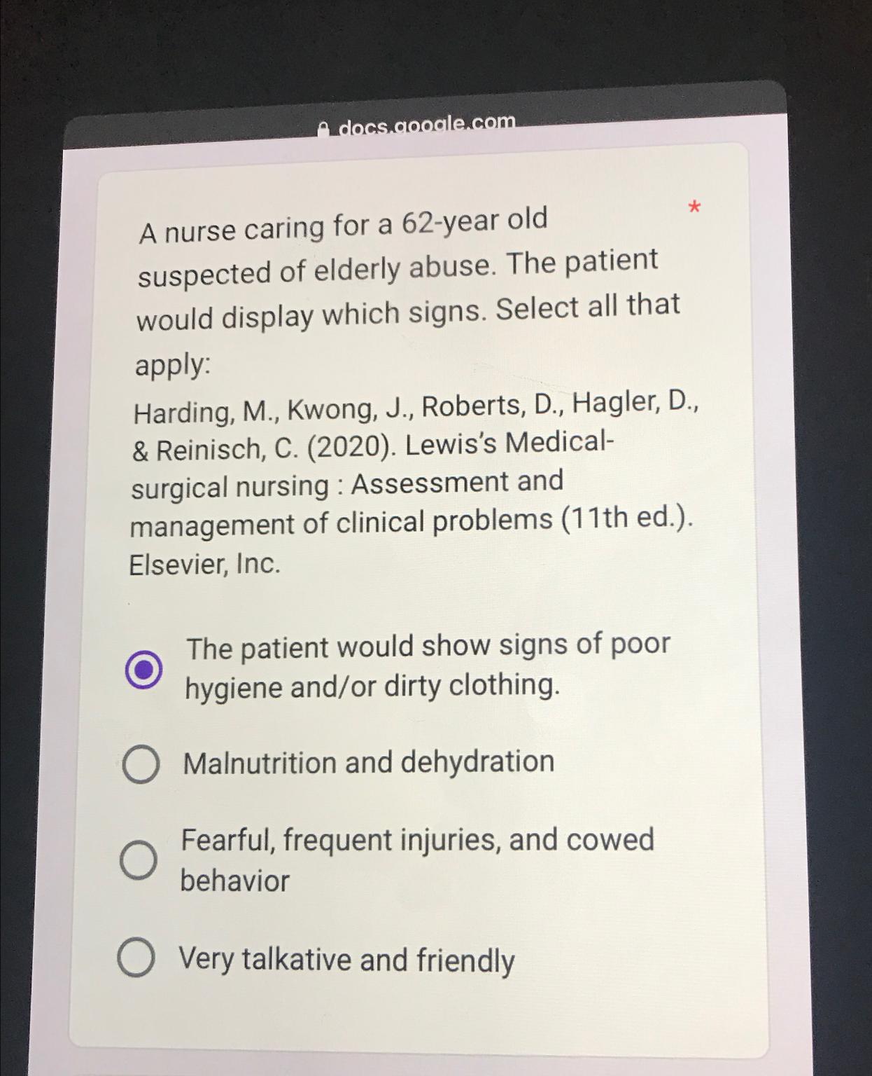 Solved A nurse caring for a 62-year old suspected of elderly | Chegg.com